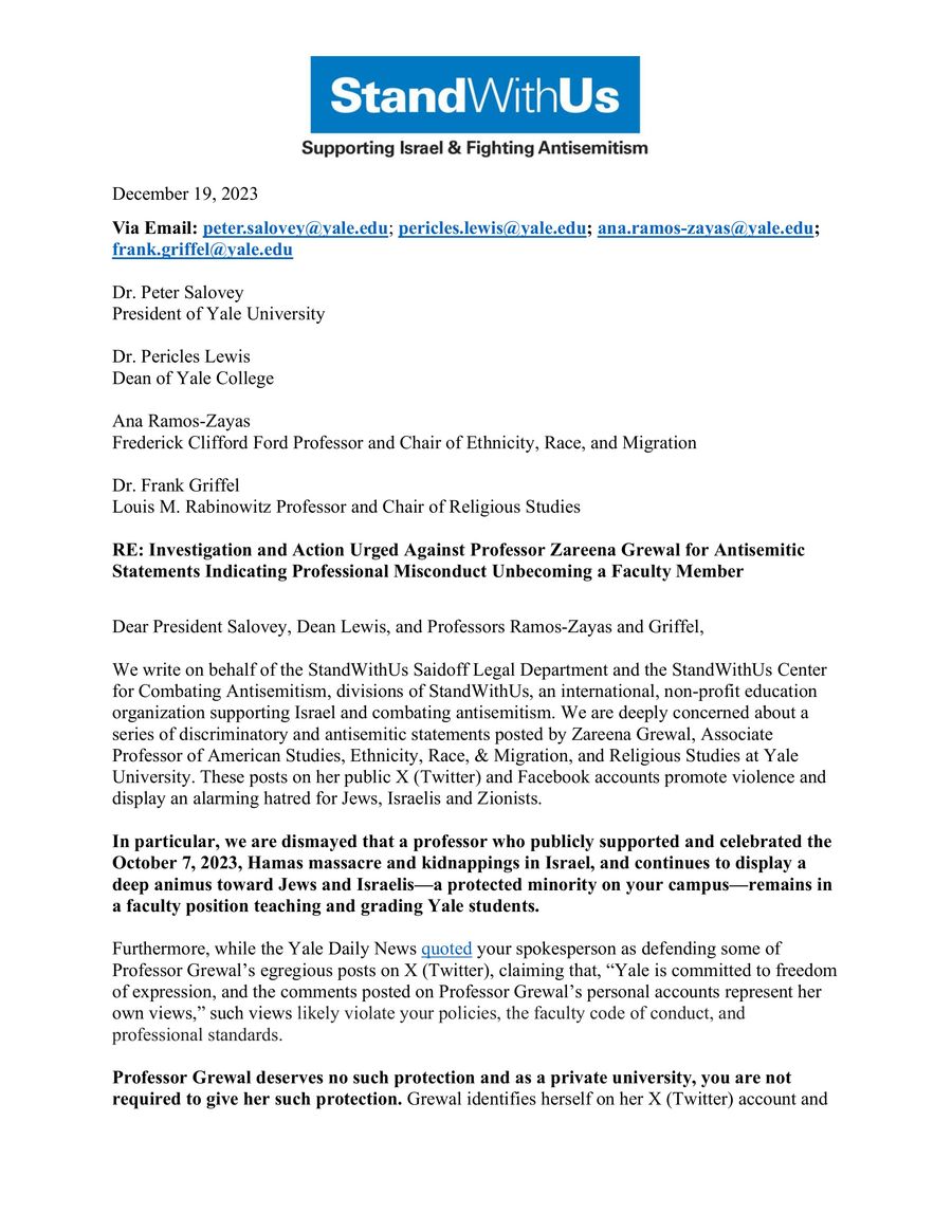 Letter to Yale re Zareena Grewal by StandWithUs - Flipsnack