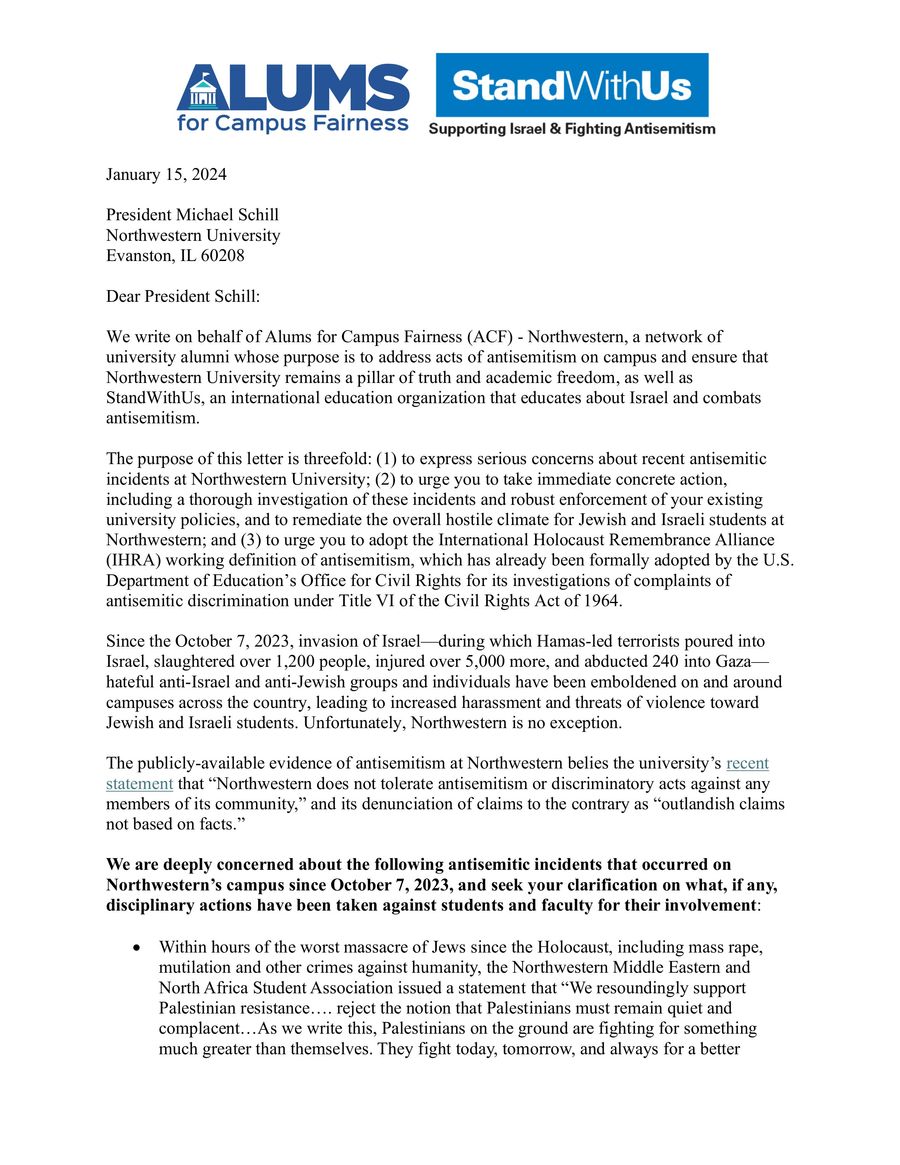 ACF and SWU Letter Northwestern by StandWithUs - Flipsnack