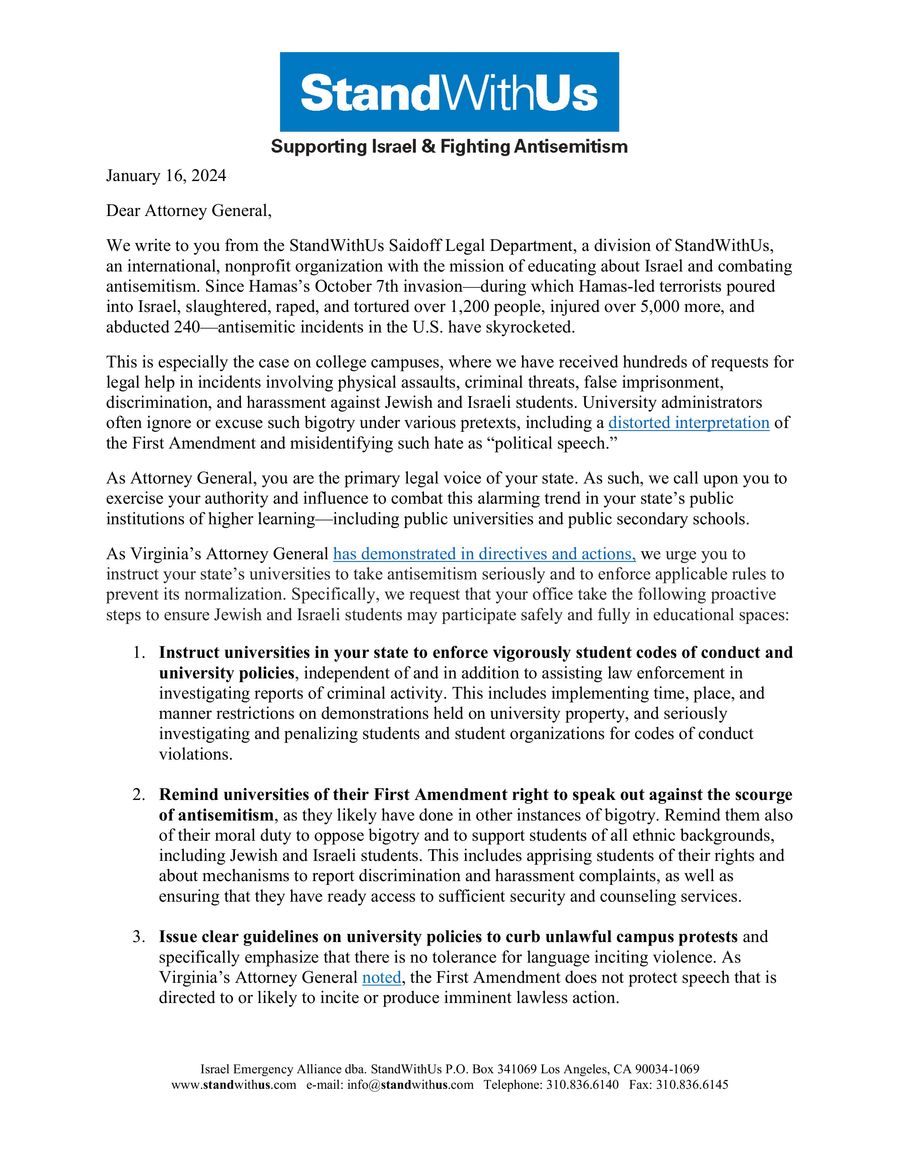 StandWithUs Letter to Attorneys General January 2024 by StandWithUs ...