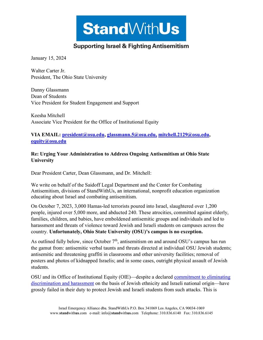 Ohio State University Letter January 2024 by StandWithUs - Flipsnack