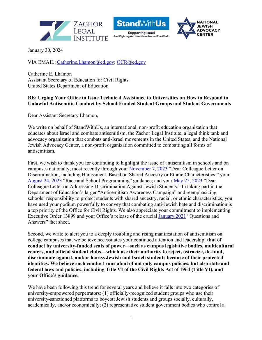 Letter to DOE OCR - January 2024 by StandWithUs - Flipsnack