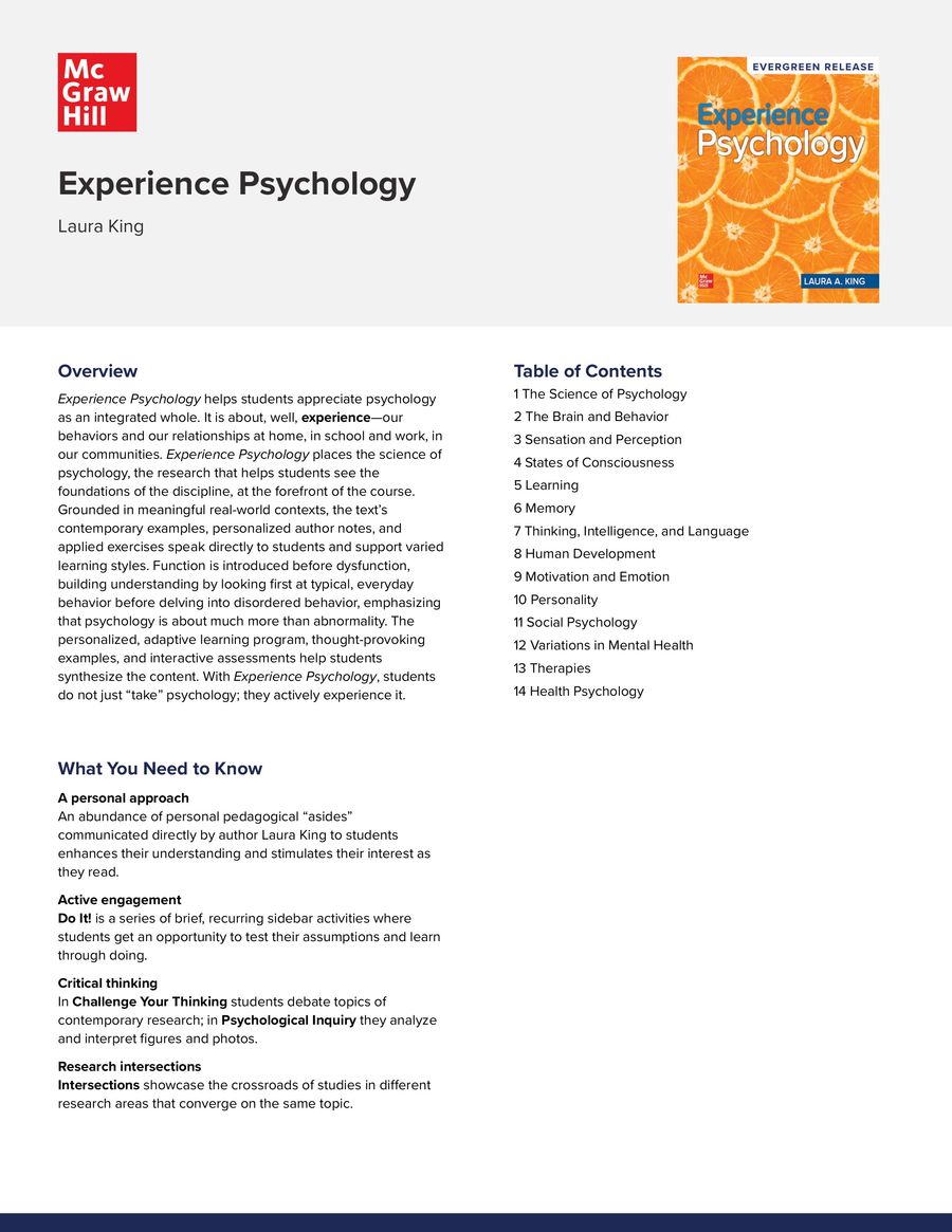 King, Experience Psychology 2025 Release Product Flyer by McGraw Hill International