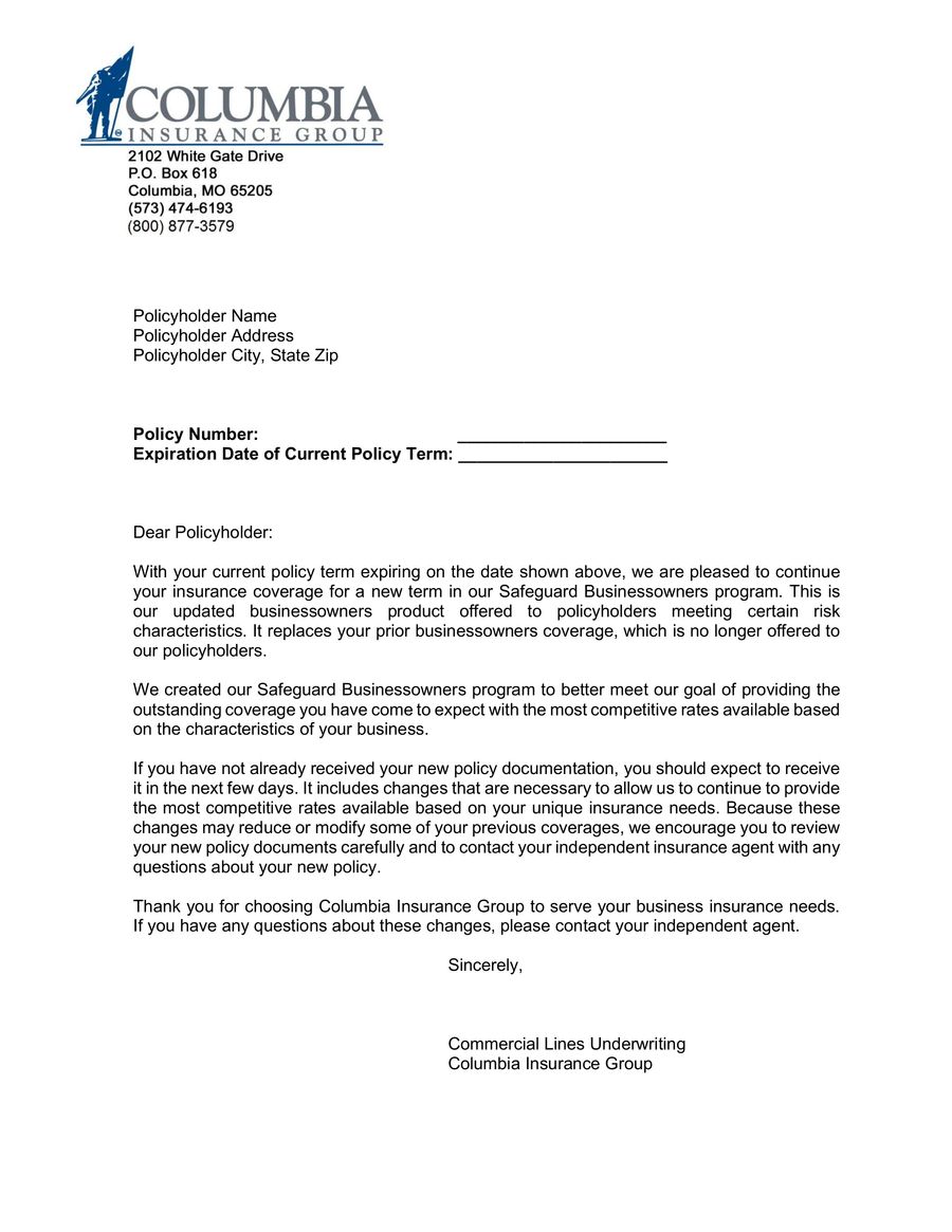Legacy businessowners policy non-renewal letter by Columbia Insurance ...