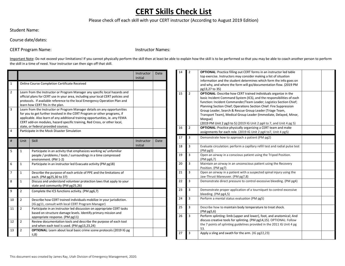 Participant CERT Skills Checklist- print 2 sided single sheet by Rachel ...
