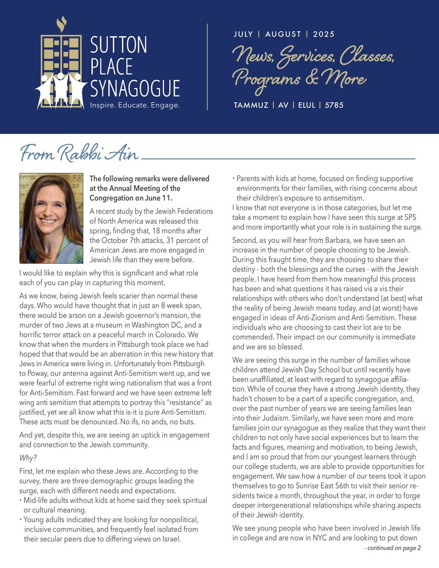 July - August 2025 Sutton Place Synagogue Bulletin by ...
