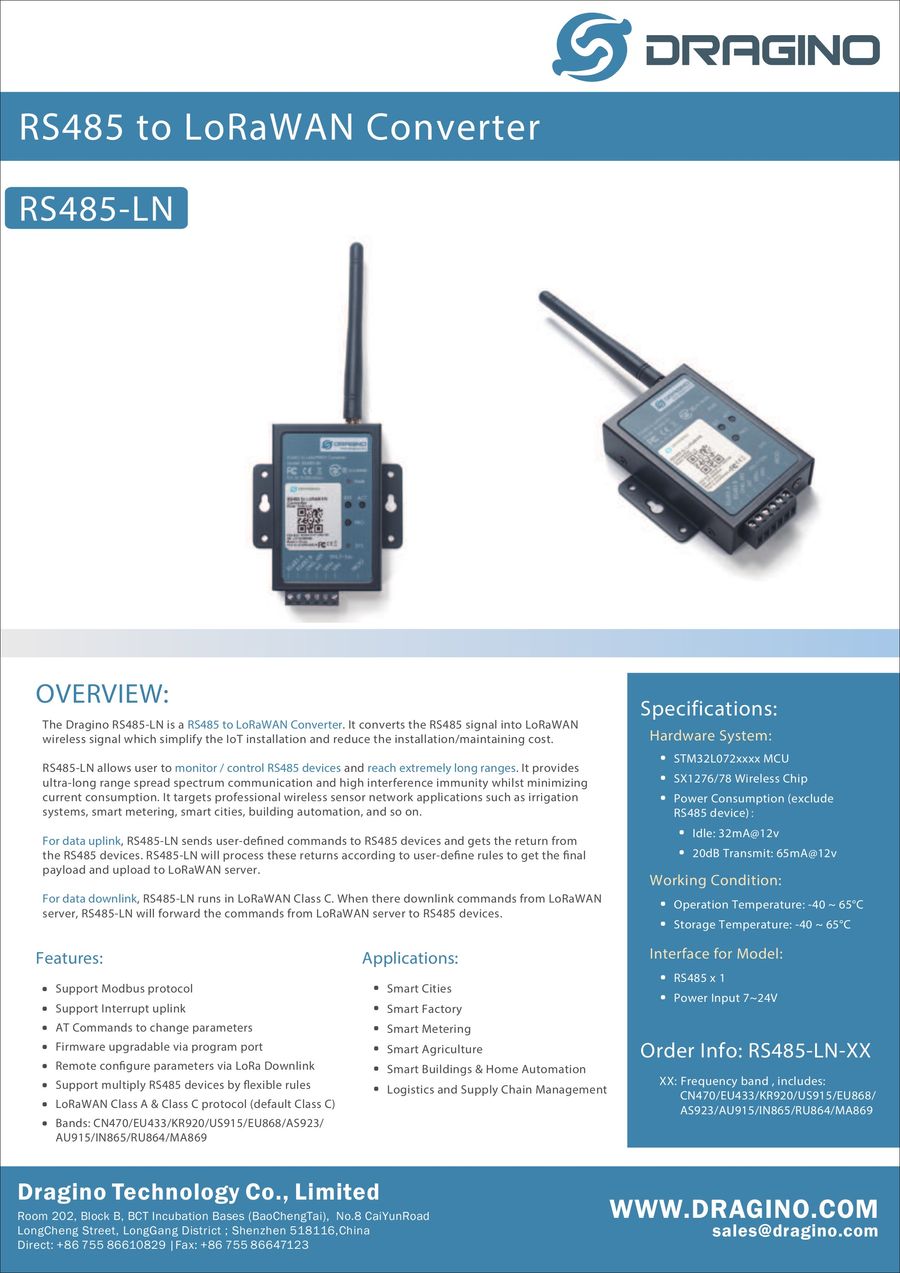 Datasheet_RS485-LN_RS485 to LoRaWAN Converter by Dragino - Flipsnack