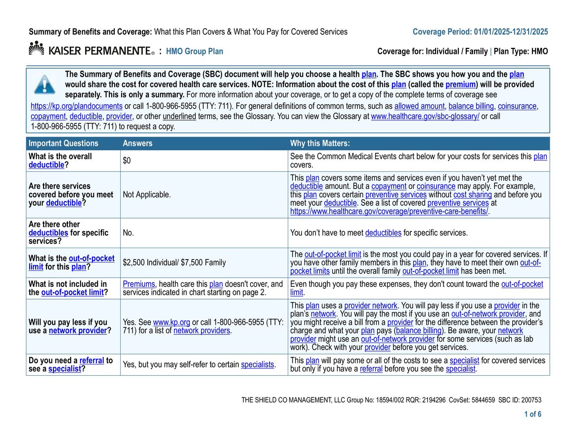 Kaiser HMO Group plan SBC by GBS Benefits