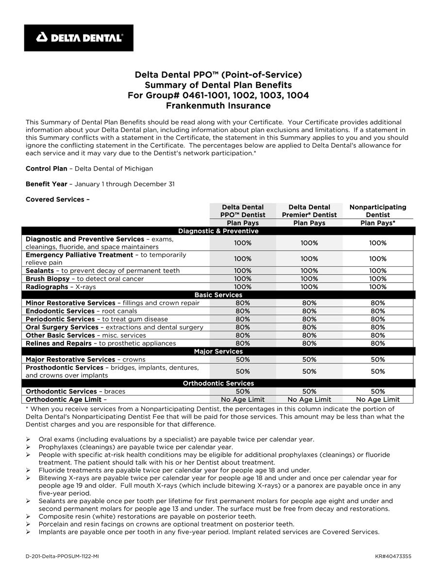 Frankenmuth - Group #0461-1001 High Option Benefit Summary by Upper ...