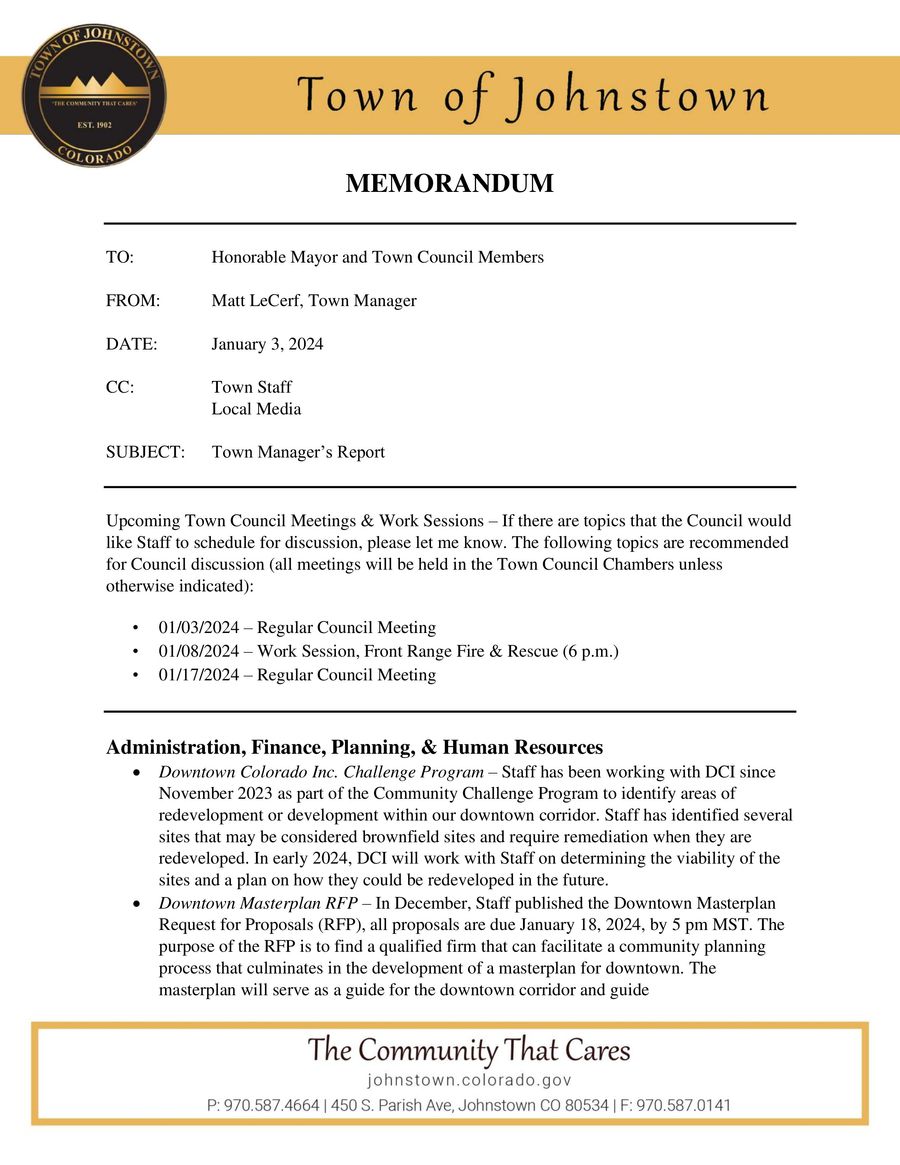 2024 Monthly Town Manager Reports by Town of Johnstown - Flipsnack
