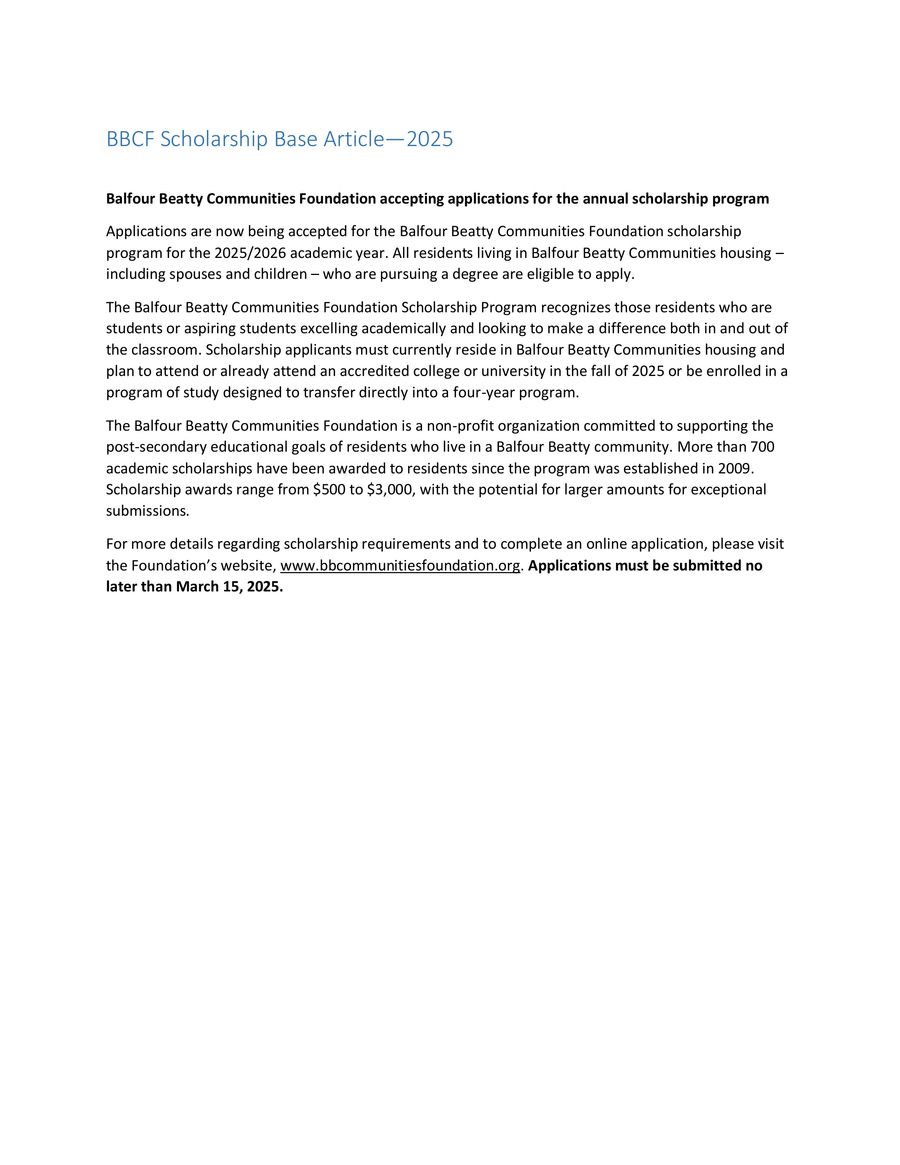 BBCF Scholarship Program Military Base article 1.2025 by Balfour Beatty ...