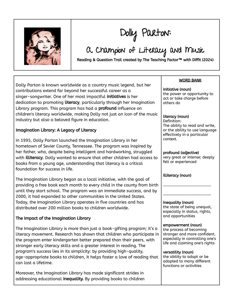 Dolly Parton Reading Comprehension & Question Trail by The Teaching ...